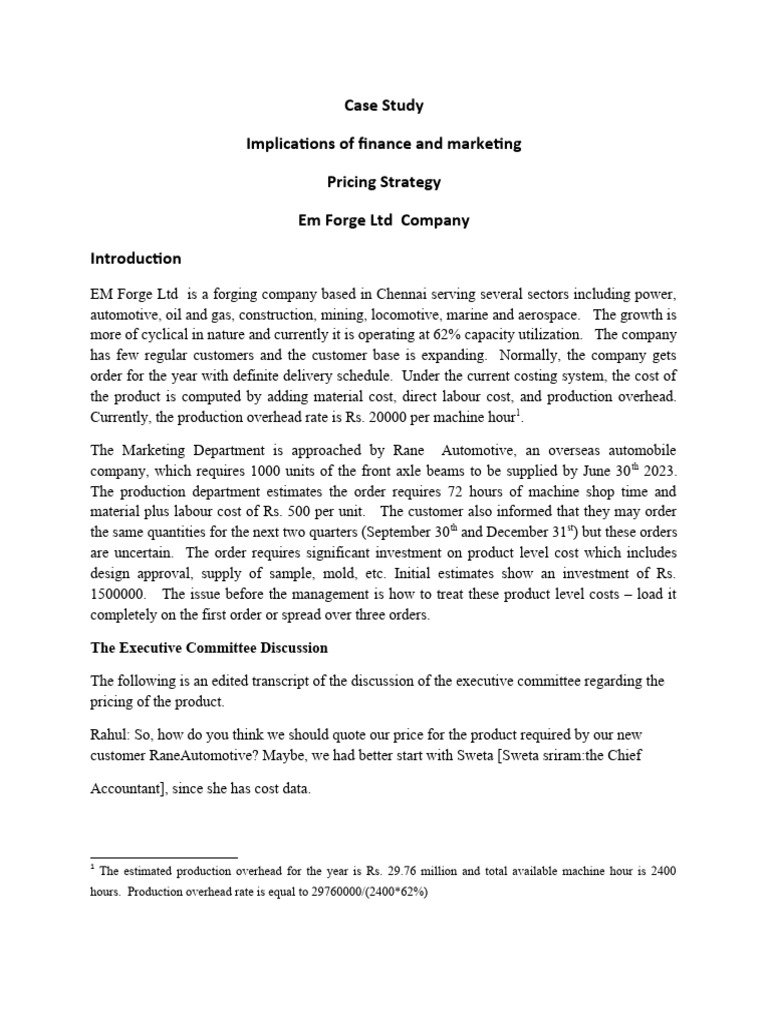 Case Study Implications of Finance and Marketing Pricing Strategy em Forge LTD Company ...
