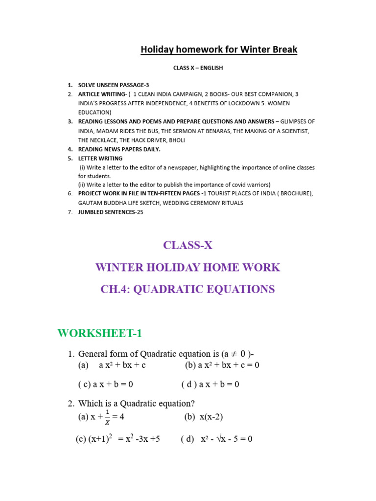 CLASS 10 - Winter Break Homework | PDF | Equations | Mathematical Concepts