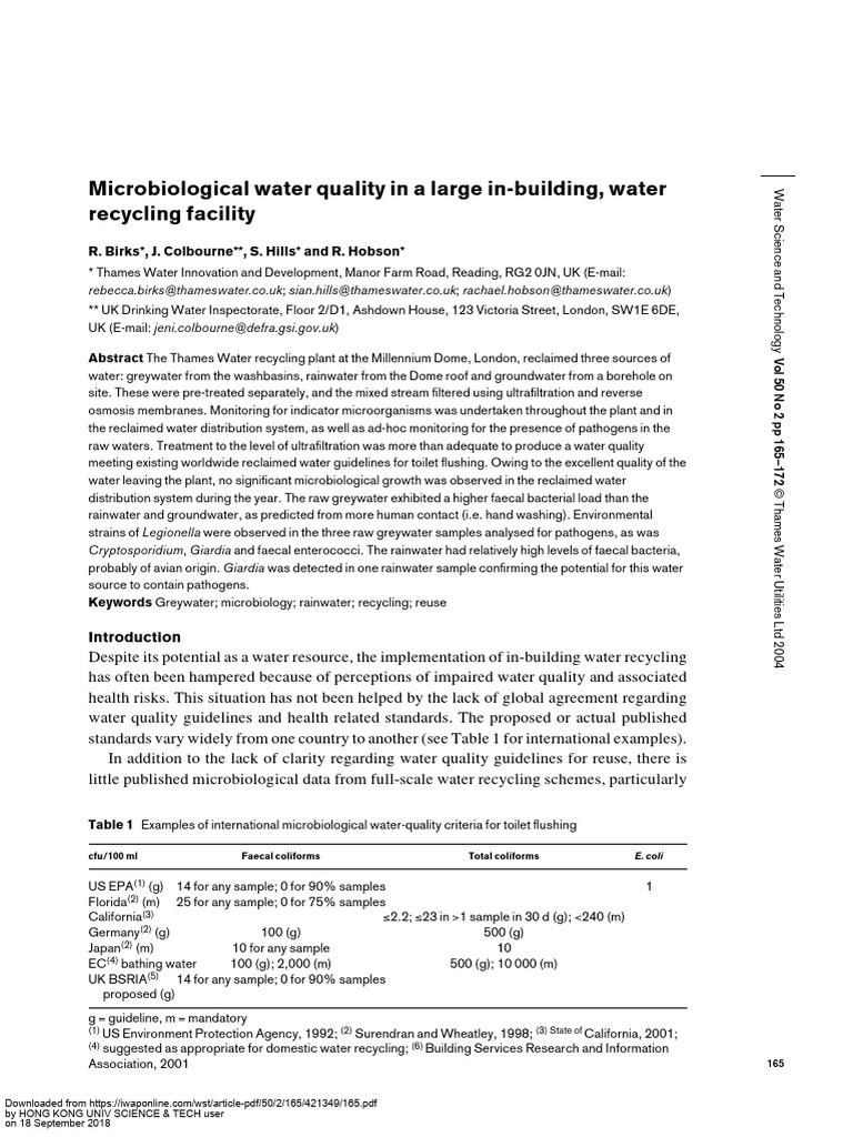 Birks, R., Colbourne, J., Hills, S., & Hobson, R. (2004) - Microbiological Water Quality in A ...