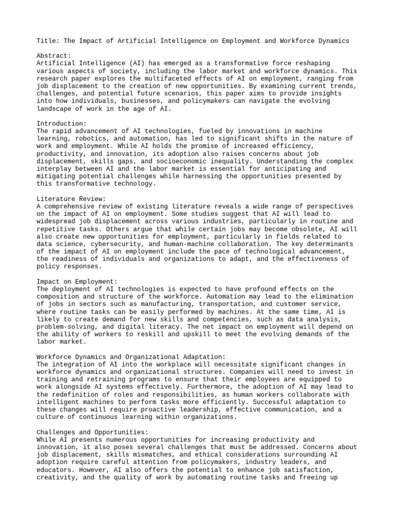 The Impact of Artificial Intelligence On Employment and Workforce Dynamics | PDF | Artificial ...