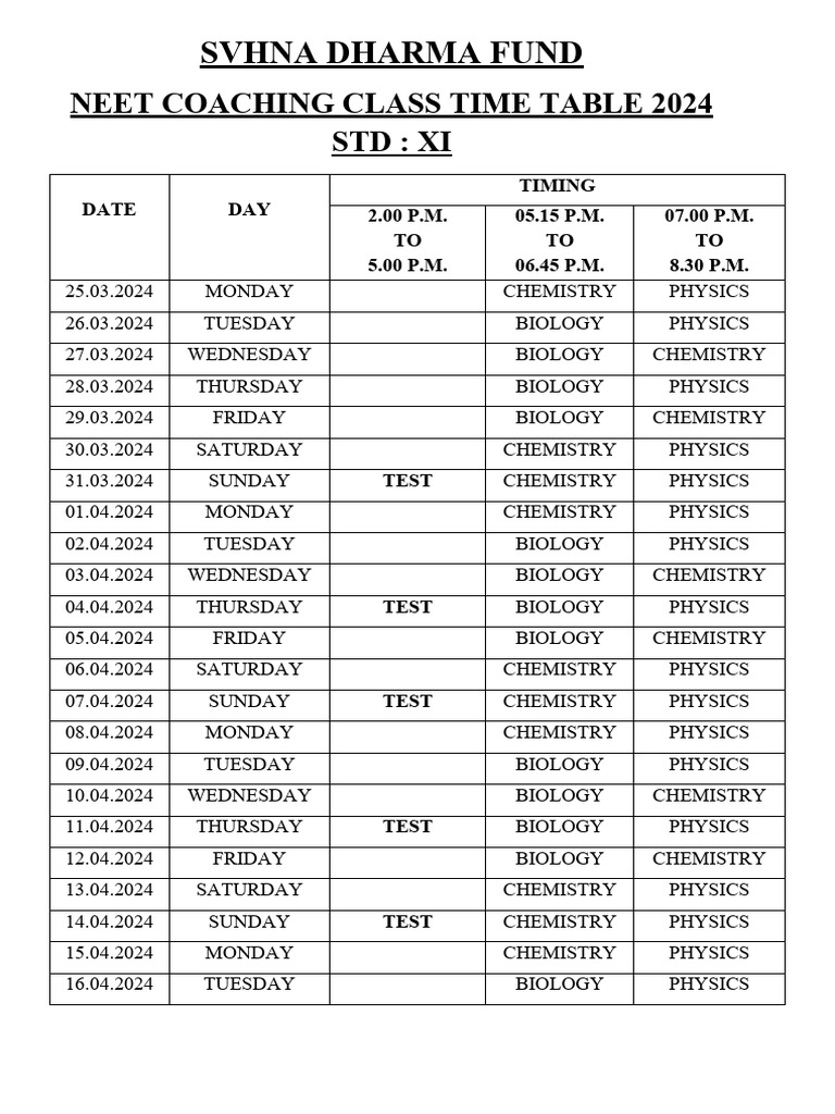 Svhna Dharma Fund: Neet Coaching Class Time Table 2024 STD: Xi | PDF
