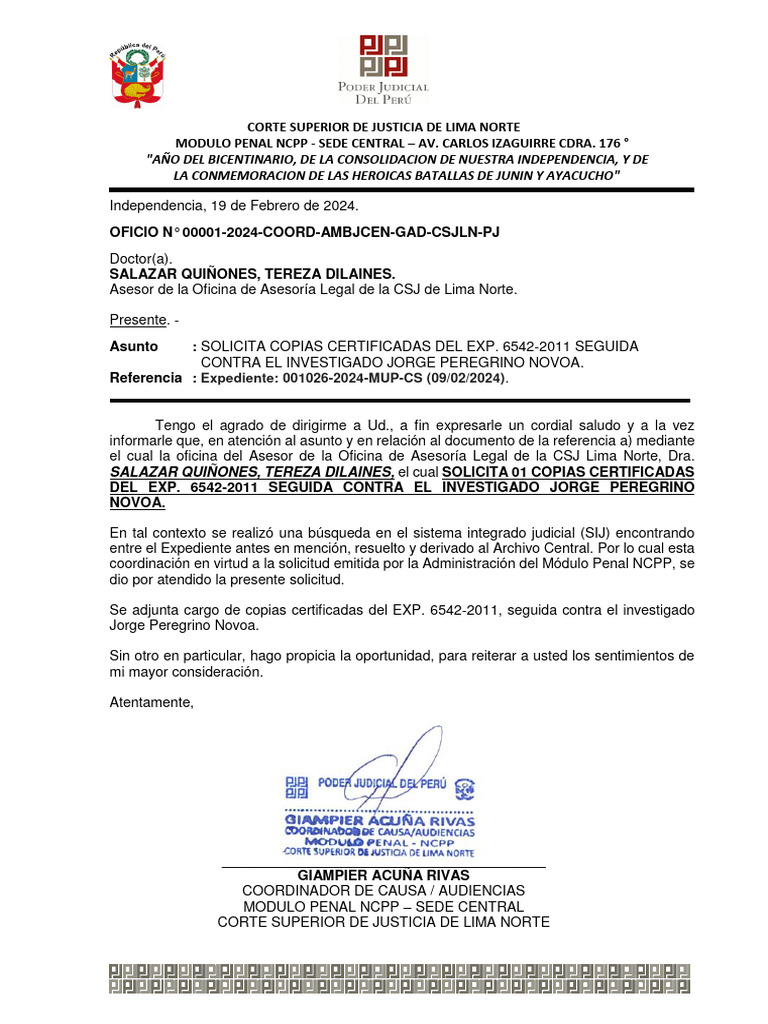 OFICIO N° 00001-2024- COORD-AMBJCEN-GAD-CSJLN-PJ | PDF