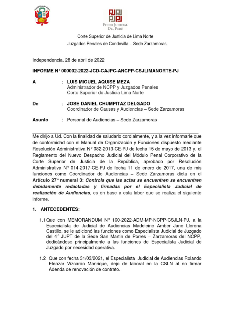 Informe #000002-2022-Jcd-Cajpc-Ancpp-Csjlimanorte-Pj | PDF | Gobierno