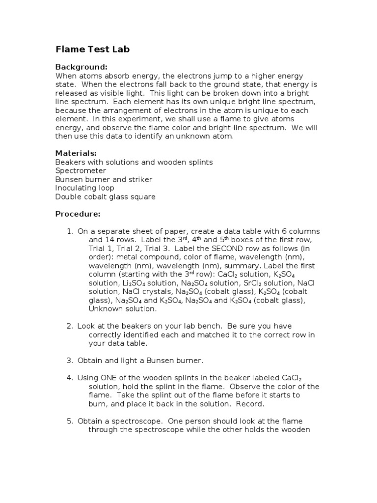 Flame Test Lab Example | PDF | Emission Spectrum | Atoms
