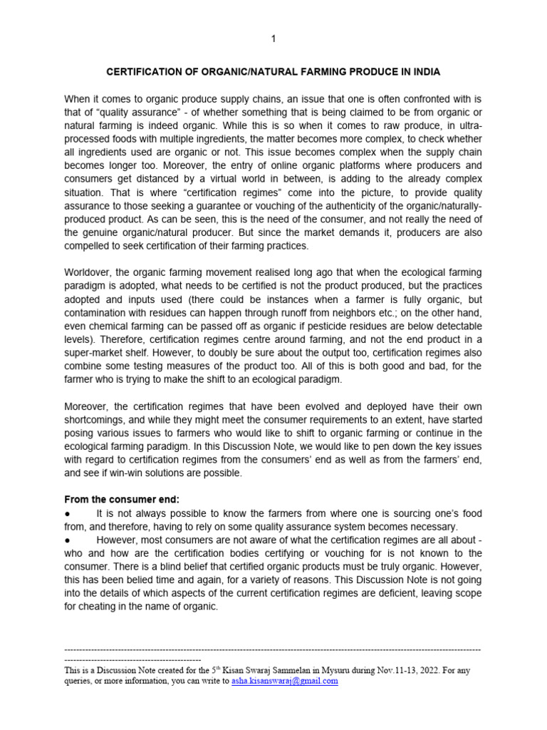 Certification of Organic - Natural Farming Produce - KSS 2022 Discussion Note - EnG | PDF ...