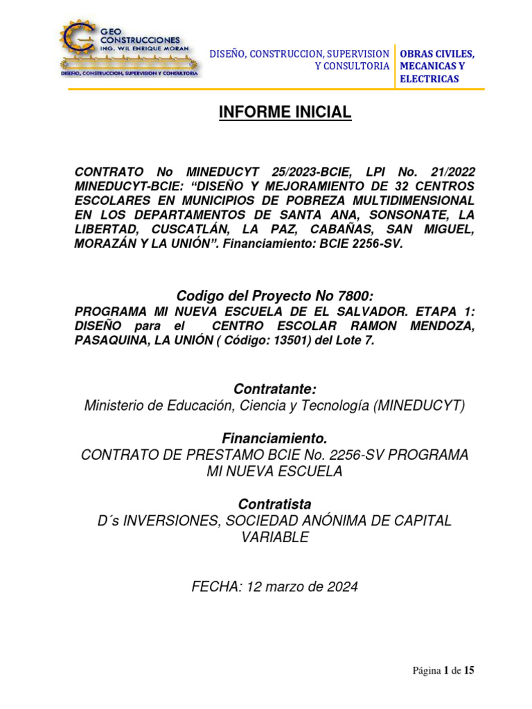 Informe Inicial Ce Ramon Mendoza 13501 | PDF | Agua