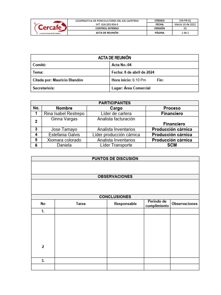 CIN FR 01 Formato Acta 04 | PDF