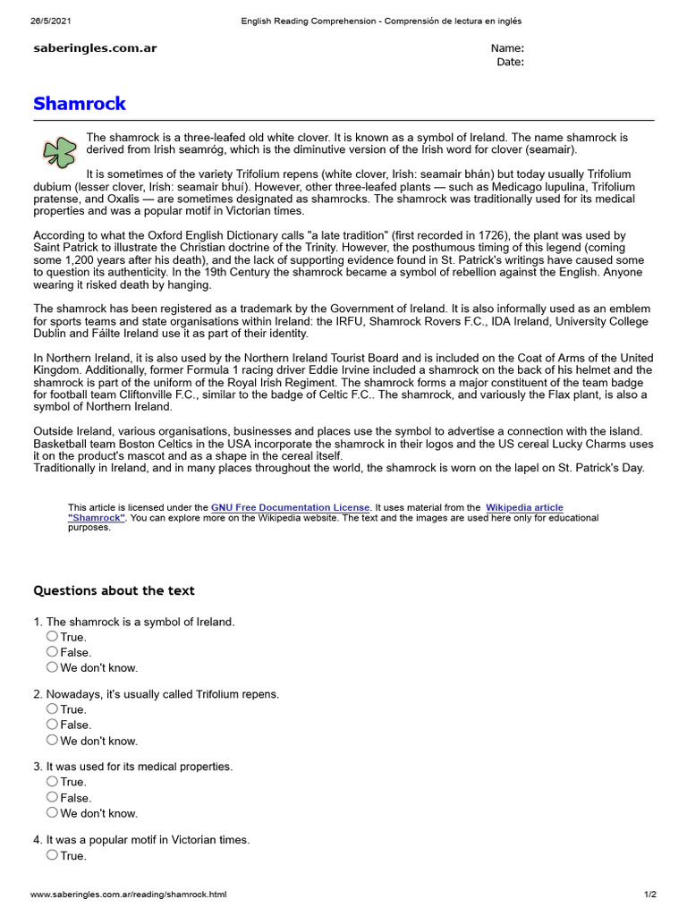 English Reading Comprehension - Comprensión de Lectura en Inglés | PDF