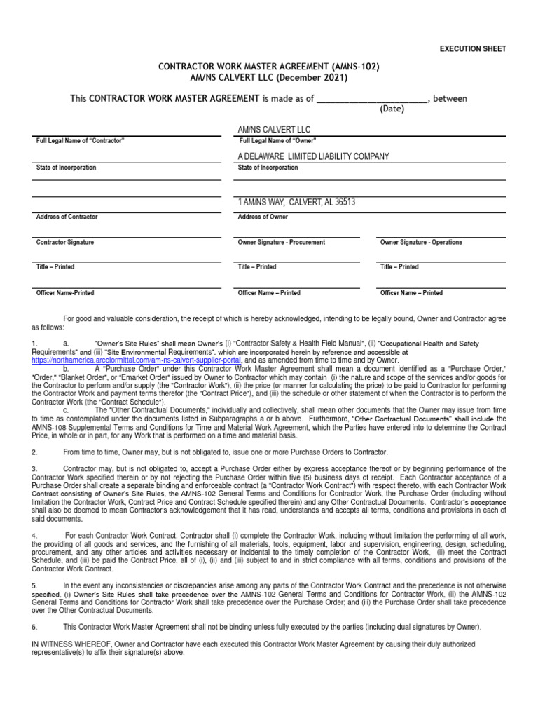 Amns 102 Contractor Work Master Agreement December 2021 | PDF ...