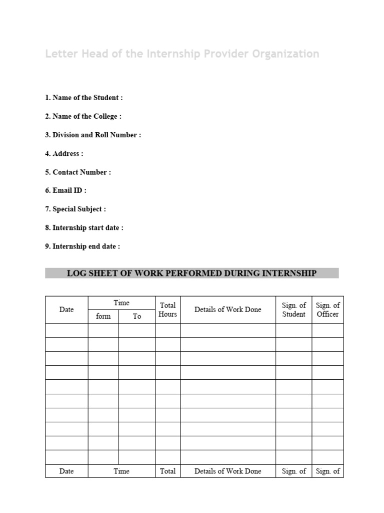 Internship Log Sheet Template | PDF | Career & Growth | Business