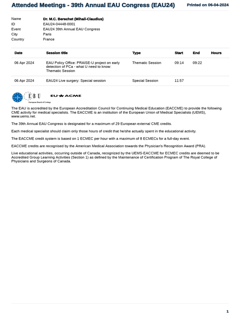 EAU24 Congress Attendance Details | PDF | Self-Improvement | Science ...