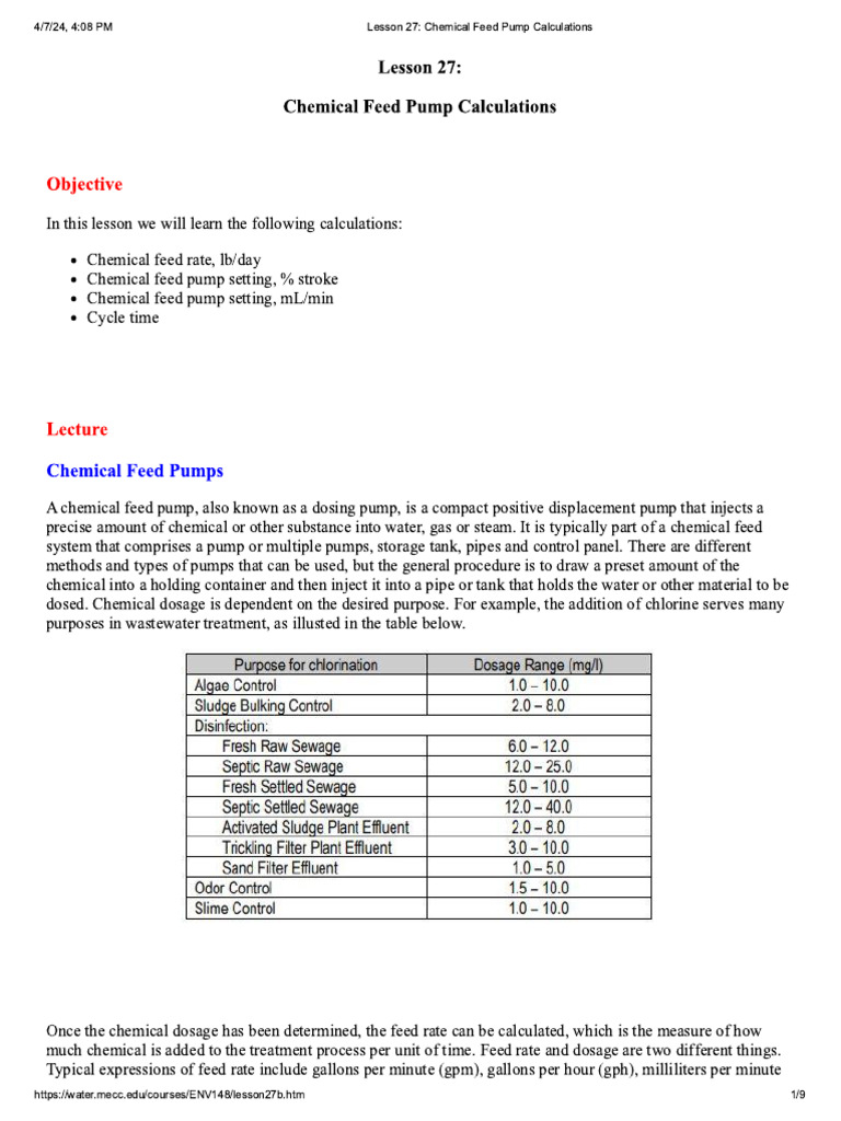 Lesson 27_ Chemical Feed Pump Calculations | PDF