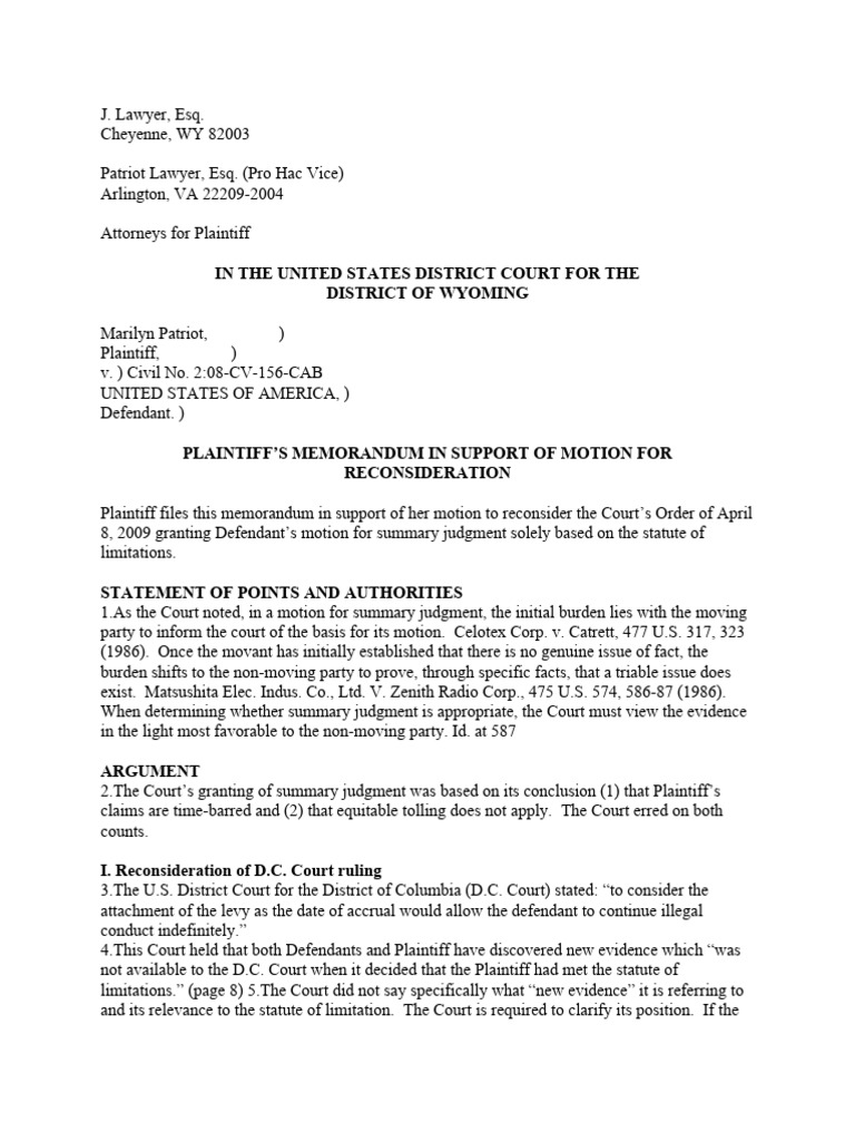Plaintiff’s Memorandum in Support of Motion for Reconsideration(Template) | PDF | Lawsuit ...