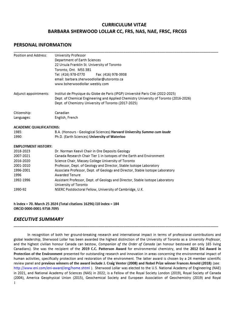 Curriculum Vitae Barbara Sherwood Lollar CC, FRS, Nas, Nae, FRSC, Frcgs Personal Information ...