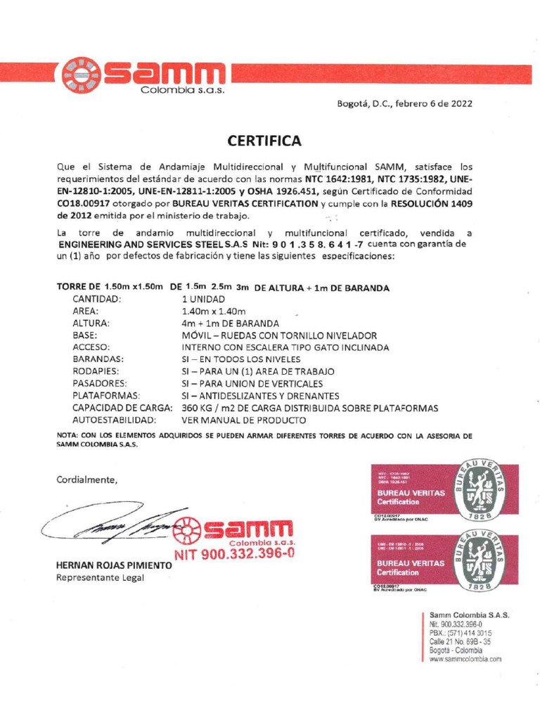 Certificado de Andamios Act. ING-STEEL SAS | PDF