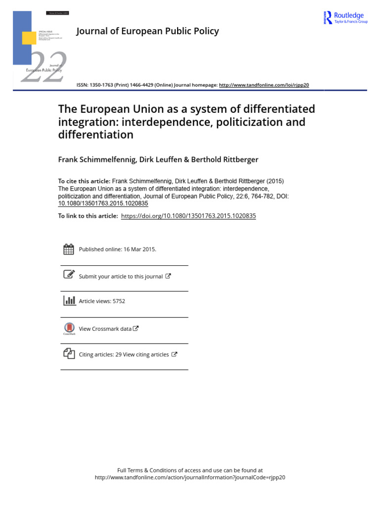 Schimmelfennig. Frank, Et. Al, "The European Union As A System of Differentiated Integration ...