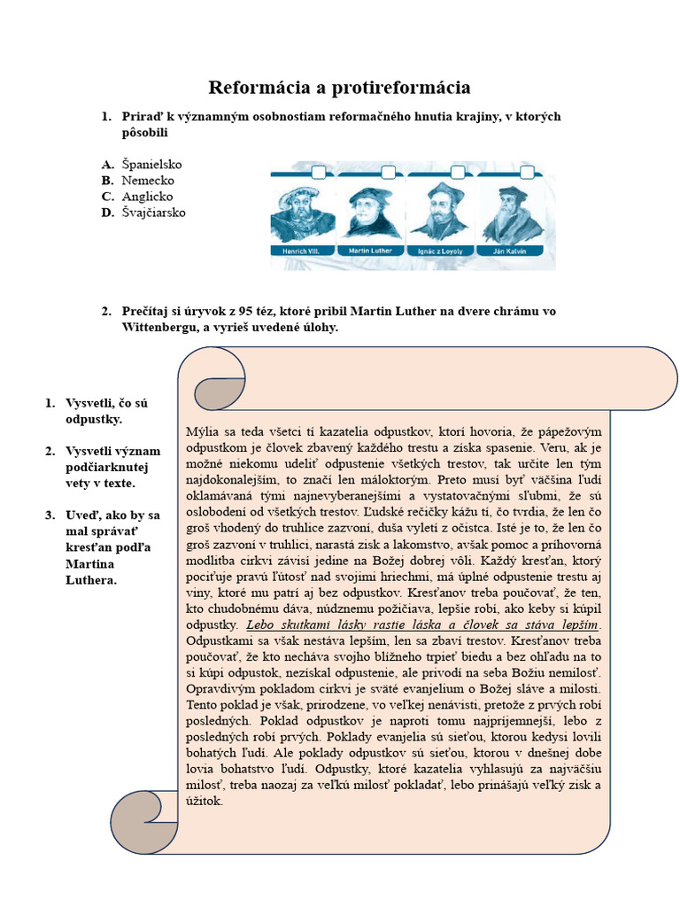 Reformácia A Protireformácia Pracovný List | PDF