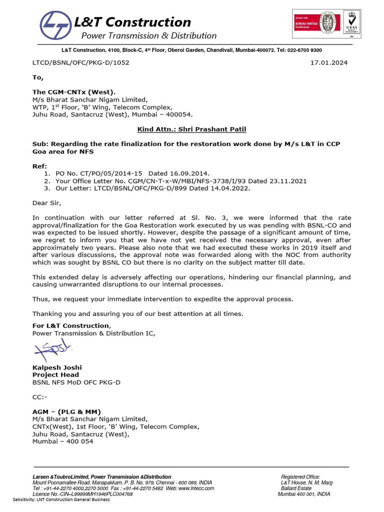 1052 Regarding The Rate Finalization For The Restoration Work Done by ...