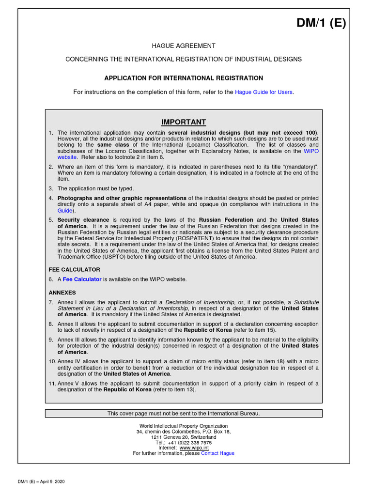Application For International Registration (DM-1 (E) ) | PDF | United ...