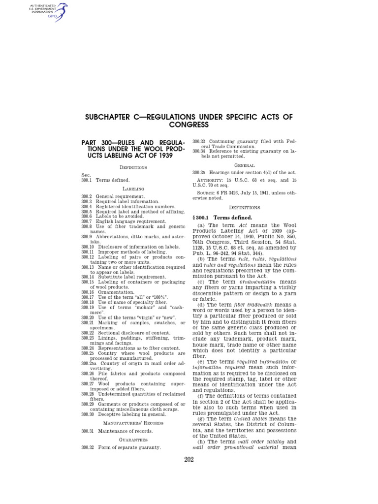 16 CFR 300 | PDF | Textiles | Wool