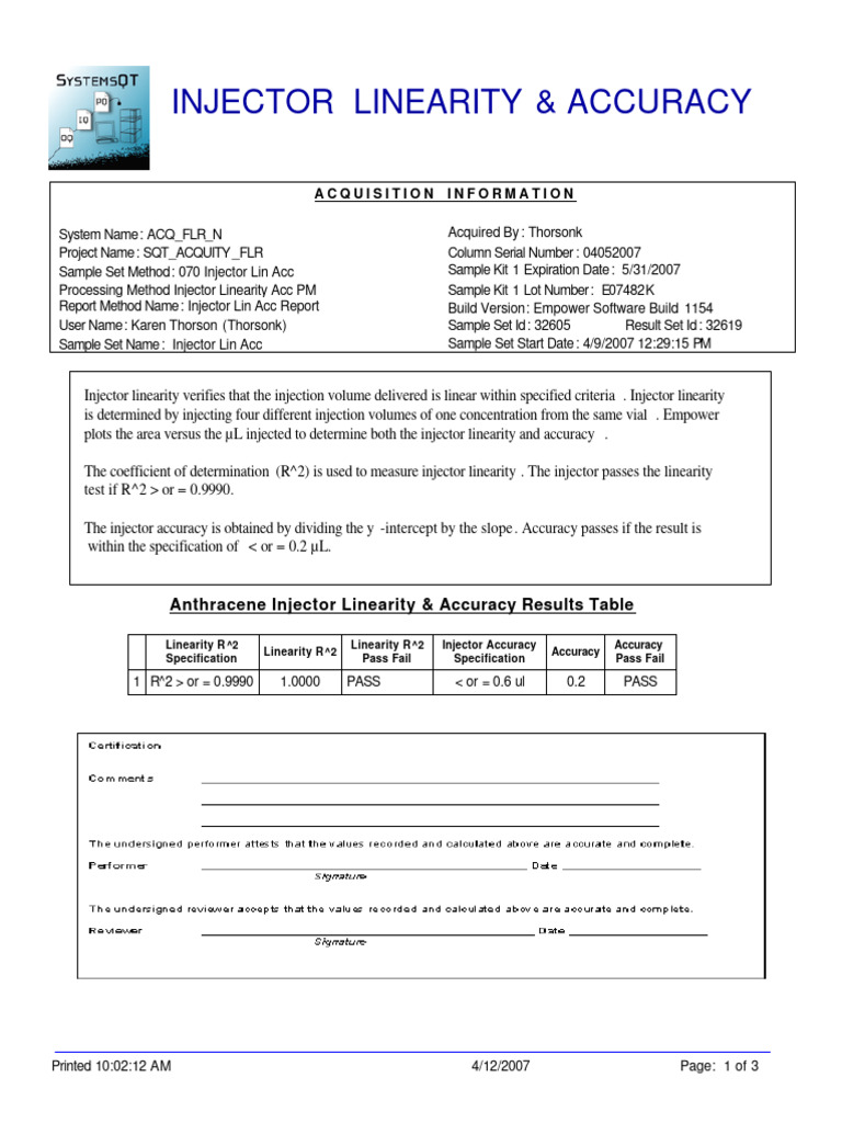 Injector Linearity & Accuracy Report | PDF