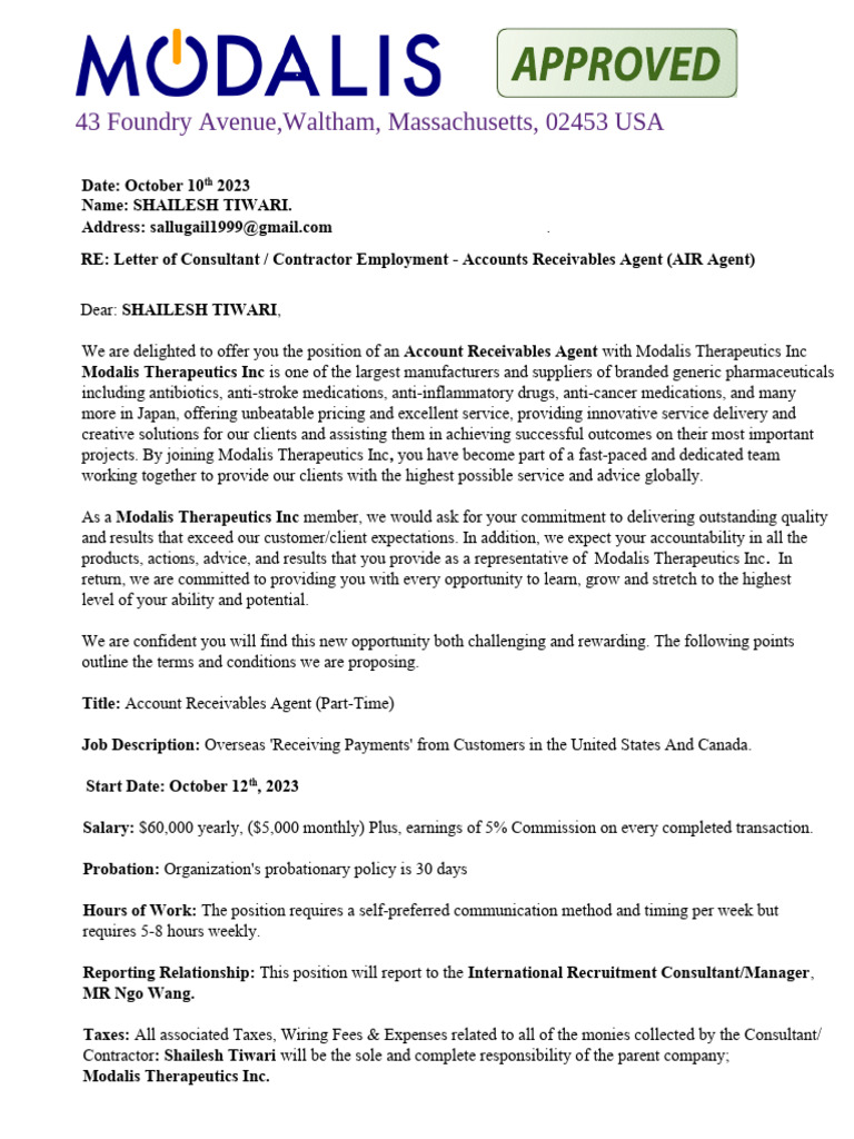 Modalis Letter of Acceptance MT | PDF | Employment | Consultant