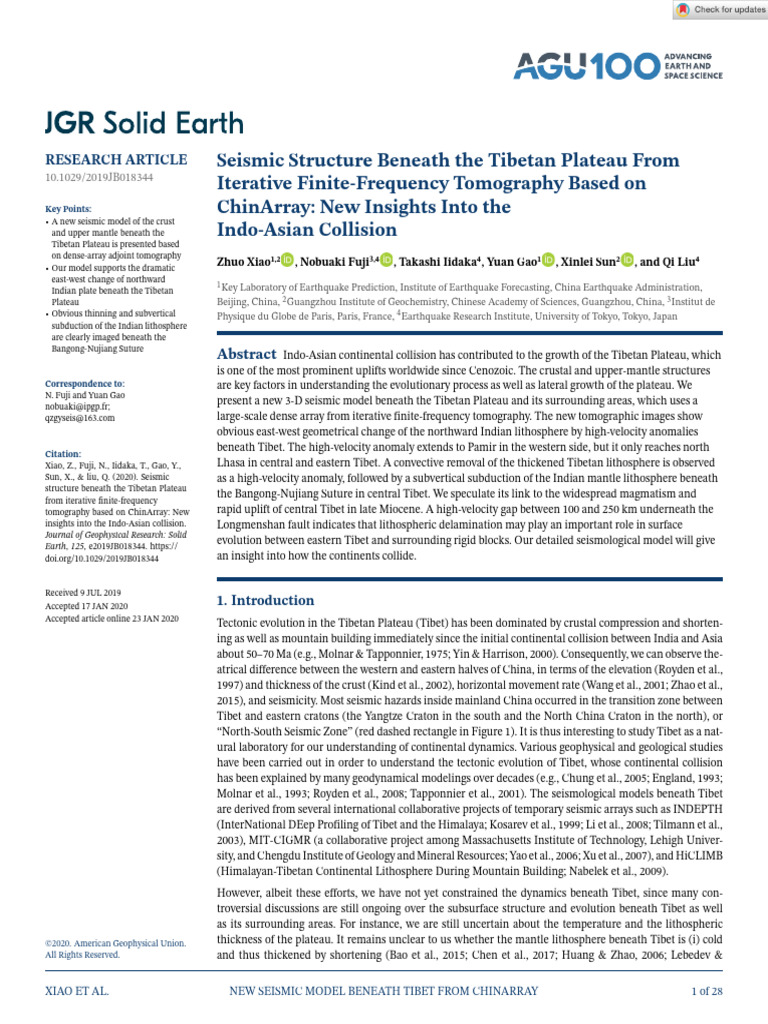 JGR Solid Earth - 2020 - Xiao - Seismic Structure Beneath The Tibetan Plateau From Iterative ...