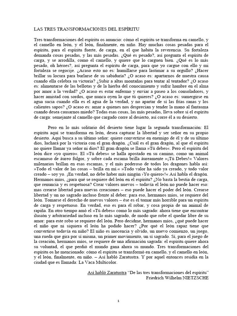 Las_tres_transformaciones_del_espiritu | PDF | Así habló Zarathustra | Amor