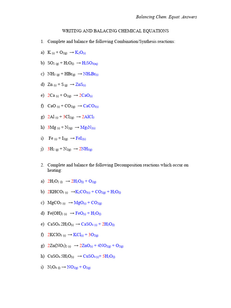 BALACING CHEM. EQUATIONS Answers | PDF | Atoms | Chemical Substances