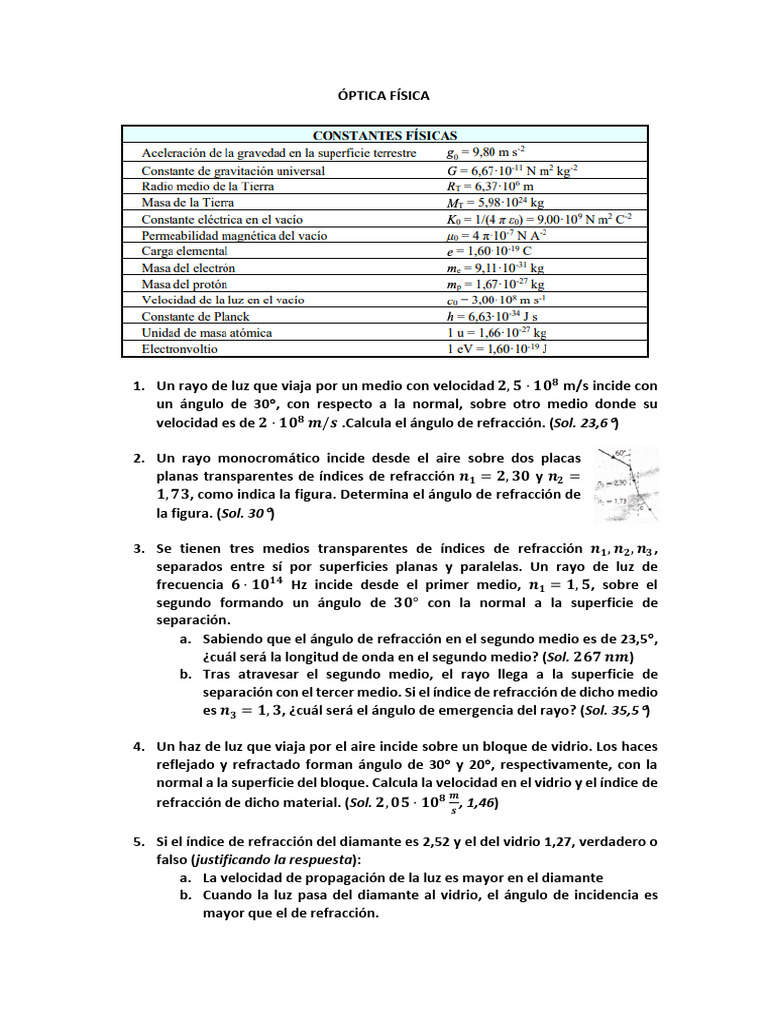 ÓPTICA FÍSICA Ejer I | PDF | Refracción | Ligero