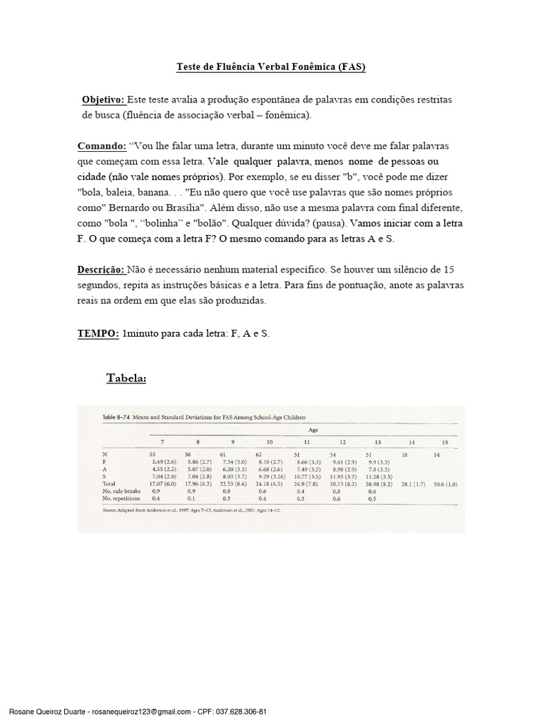 Teste de Fluência Verbal Fonêmica FAS | PDF