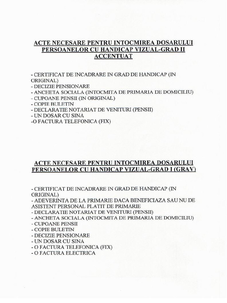 Acte Necesare Dosar Persoane Handicap Vizual III | PDF
