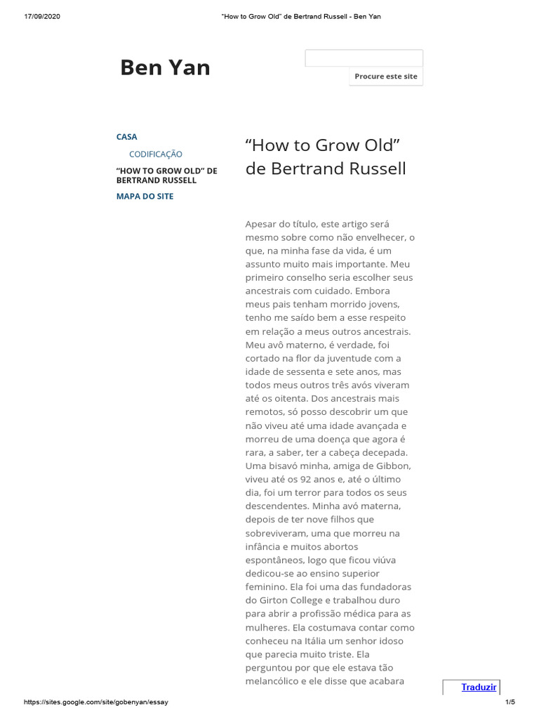 "How To Grow Old" de Bertrand Russell - Ben Yan | PDF | Pensamento | Envelhecimento