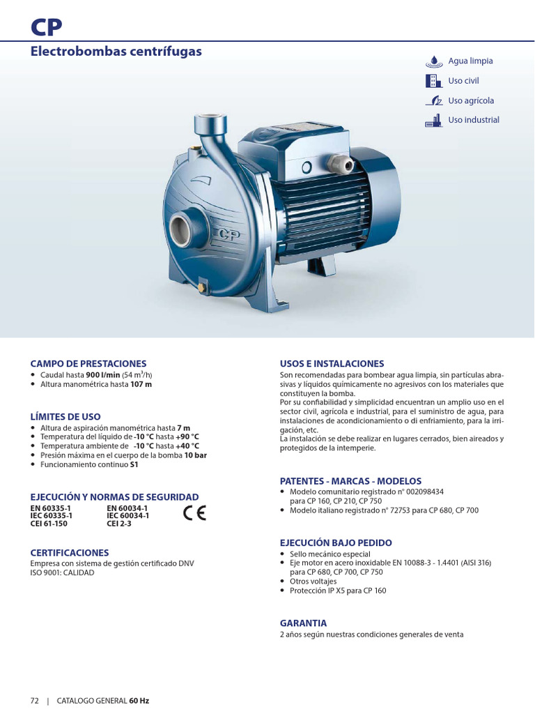 CP 680C Pedrollo | Descargar gratis PDF | Bomba | Materiales
