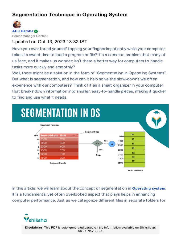 Segmentation Technique in Operating System: Updated On Oct 13, 2023 13:32 IST | PDF | Computer ...