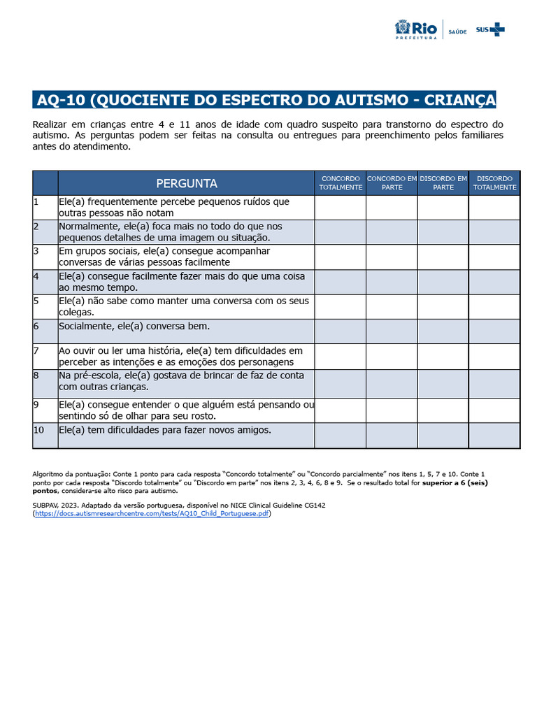 Escala AQ-10 para Crianças com Autismo | PDF | Bem-estar