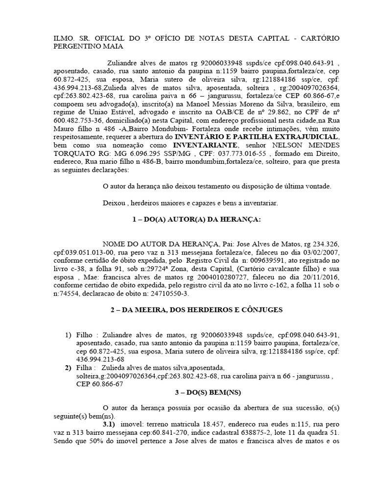 Peticao-Inventario Terceira Pecas Jose Matos e Francisca Lourdes Matos ...