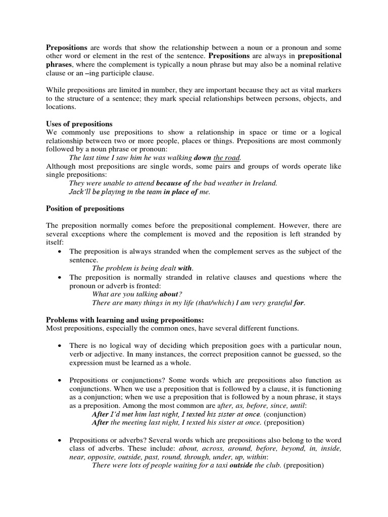 Uses and Position of Prepositions | PDF | Preposition And Postposition ...