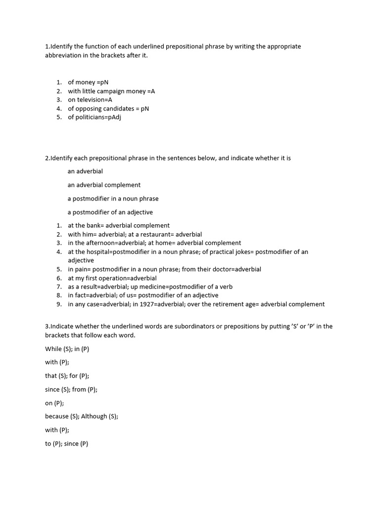 KEY - Prep Phrase | PDF | Adjective | Massage