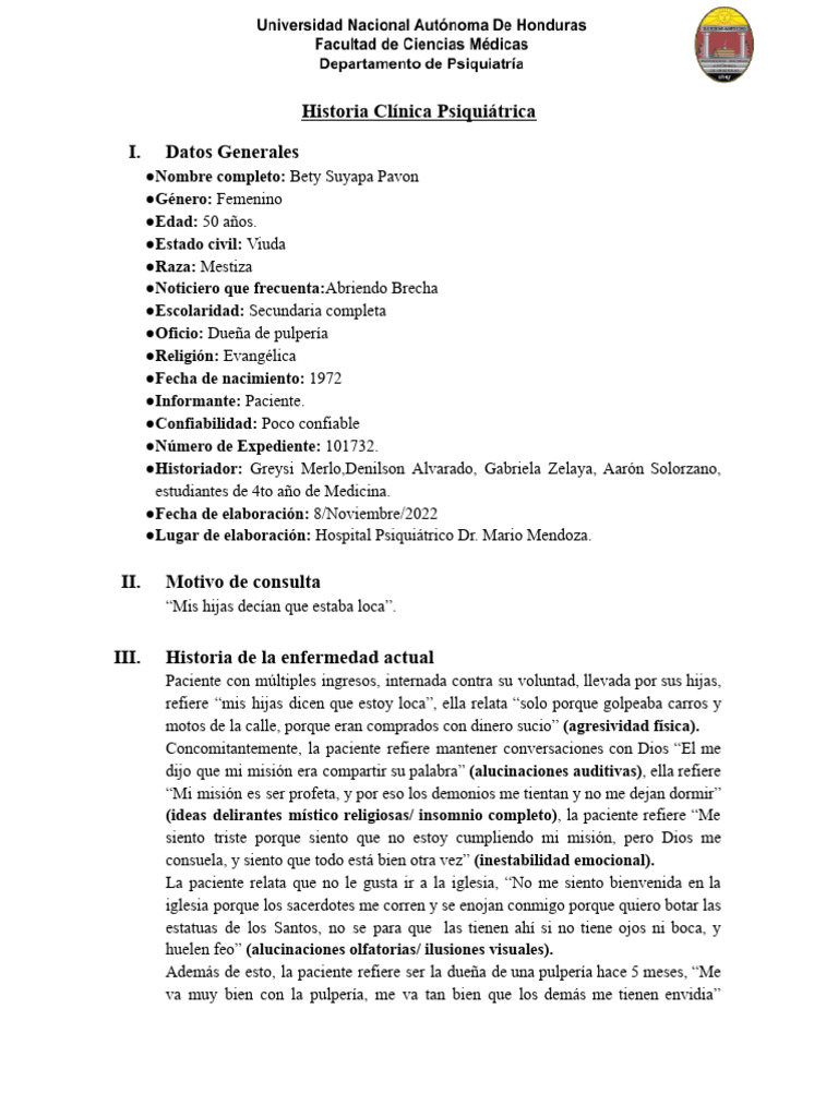 Historia Clínica Psiquiátrica | Descargar gratis PDF | Enfermedades y trastornos | Medicina CLINICA