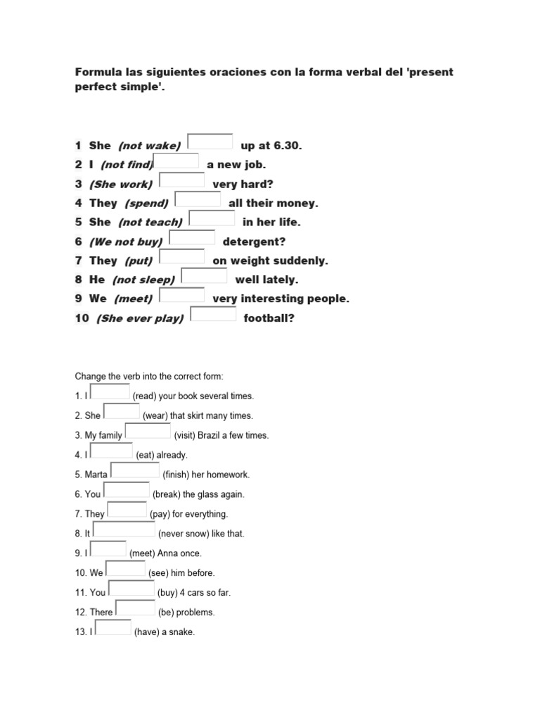 Formula Las Siguientes Oraciones Con La Forma Verbal Del Pdf