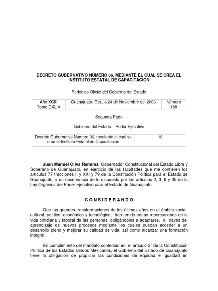 Decreto Gubernativo Numero 6 Instituto Estatal de Capacitacion (Jul ... Decreto Gubernativo Numero 6 Instituto Estatal de Capacitacion (Jul ...