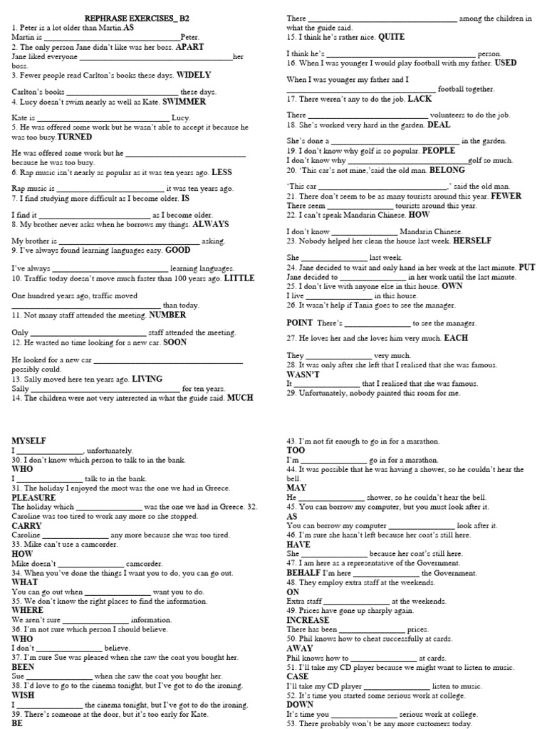 B2 Rephrase Exercises for Language Learners | PDF