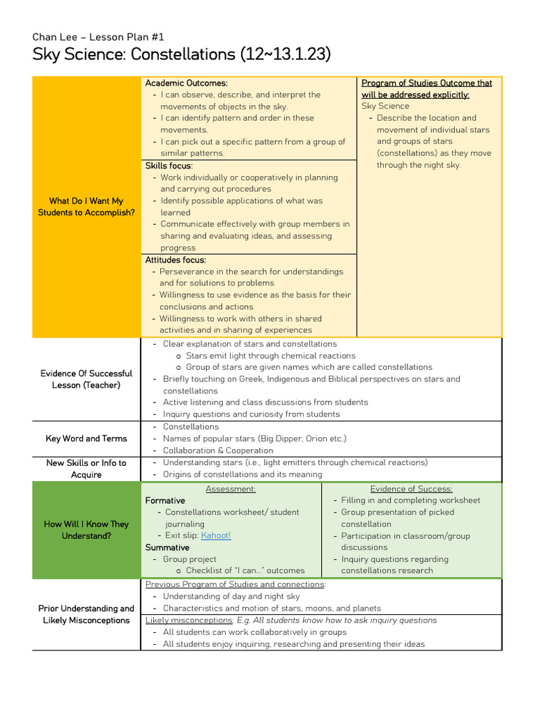 Chan Lee First Observation Lesson Plan Constellations 12 | PDF ...