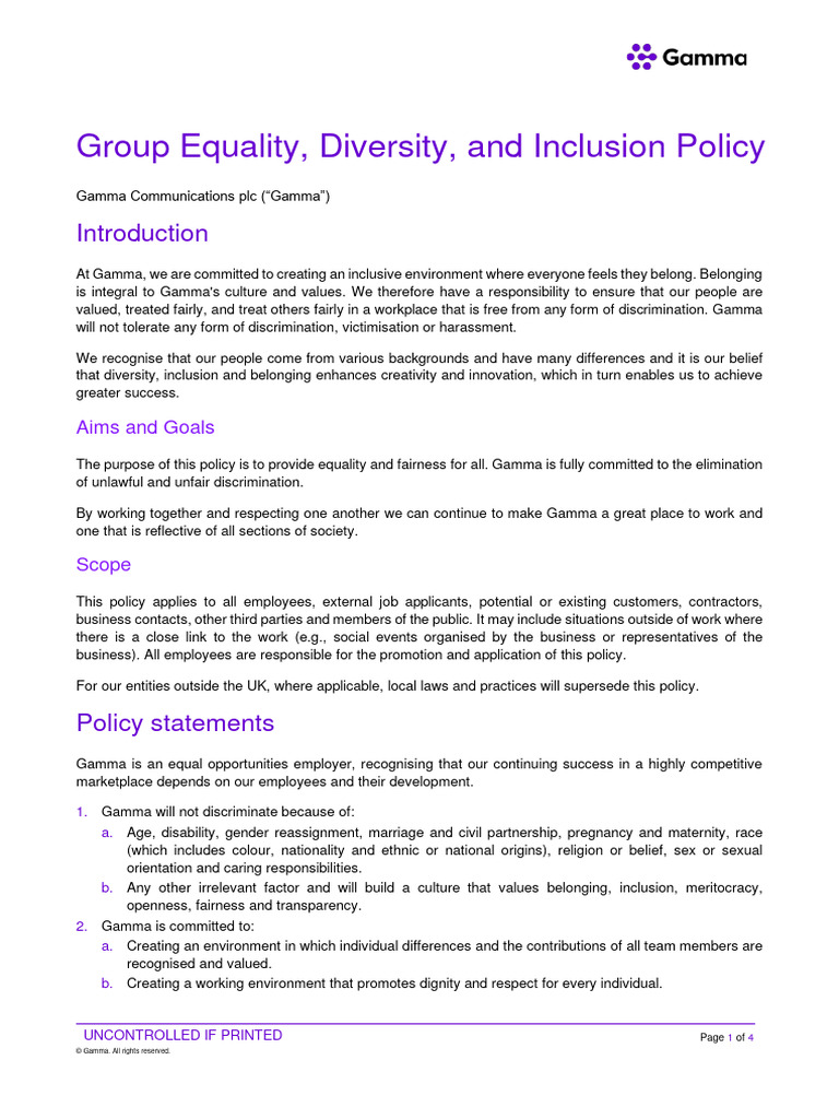 Gamma Group EDI Policy v2.3 | PDF | Discrimination | Social Equality