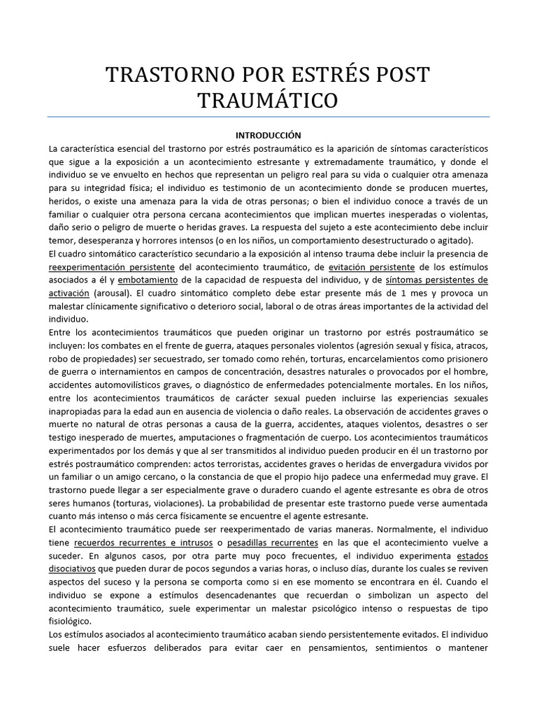 Trastorno Por Estres Post Tratumatico | PDF | Trauma psicólogico | Estrés (biología)