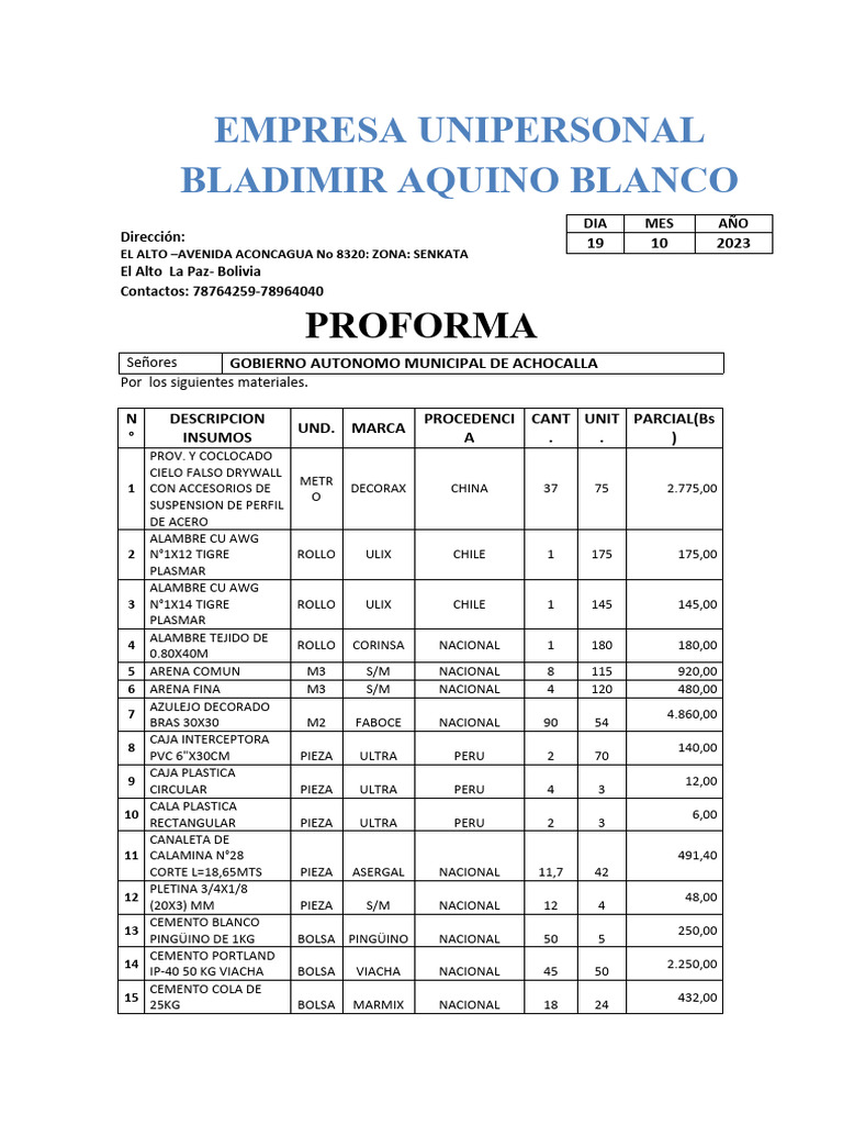 proforma materiales | PDF | Materiales | Ingeniería de Edificación