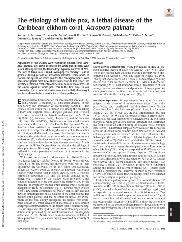 Patterson Et Al 2002 The Etiology of White Pox A Lethal Disease of The ...