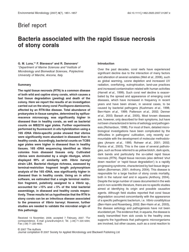 Bacterial Causes of Coral Tissue Necrosis | PDF | Coral | Bacteria