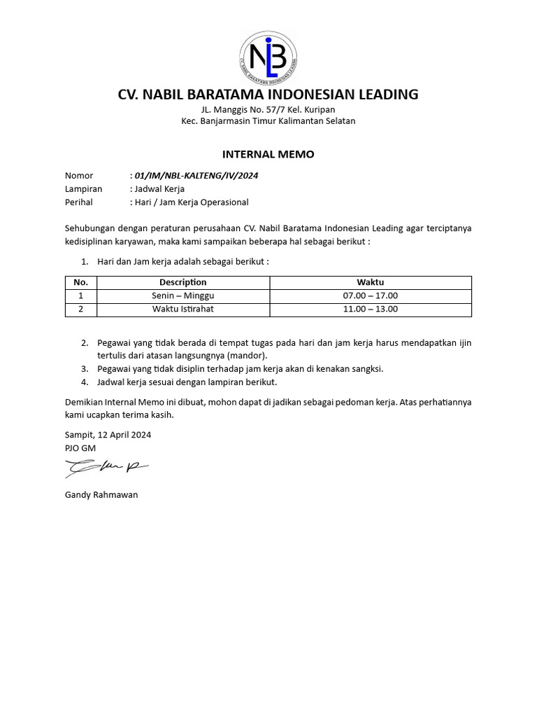INTERNAL MEMO Jam Kerja | PDF